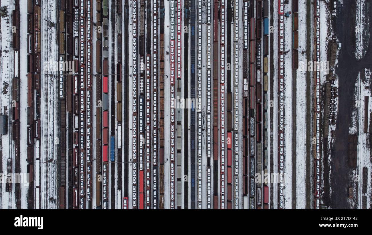 An aerial view of trains and locomotives, carrying cargo cars Stock ...