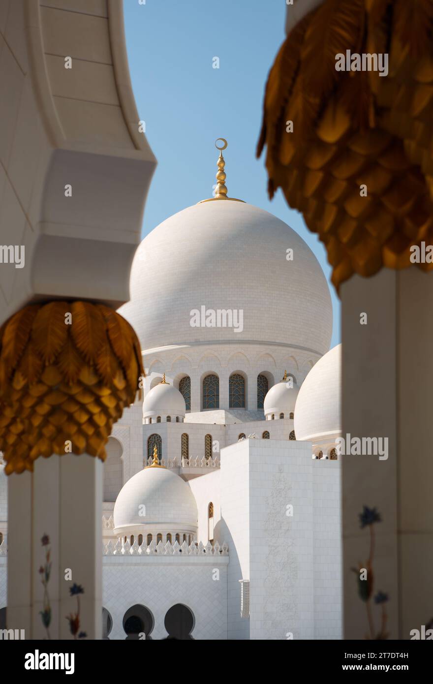 Domes and columns of Sheikh Zayed Grand Mosque made from white marble ...