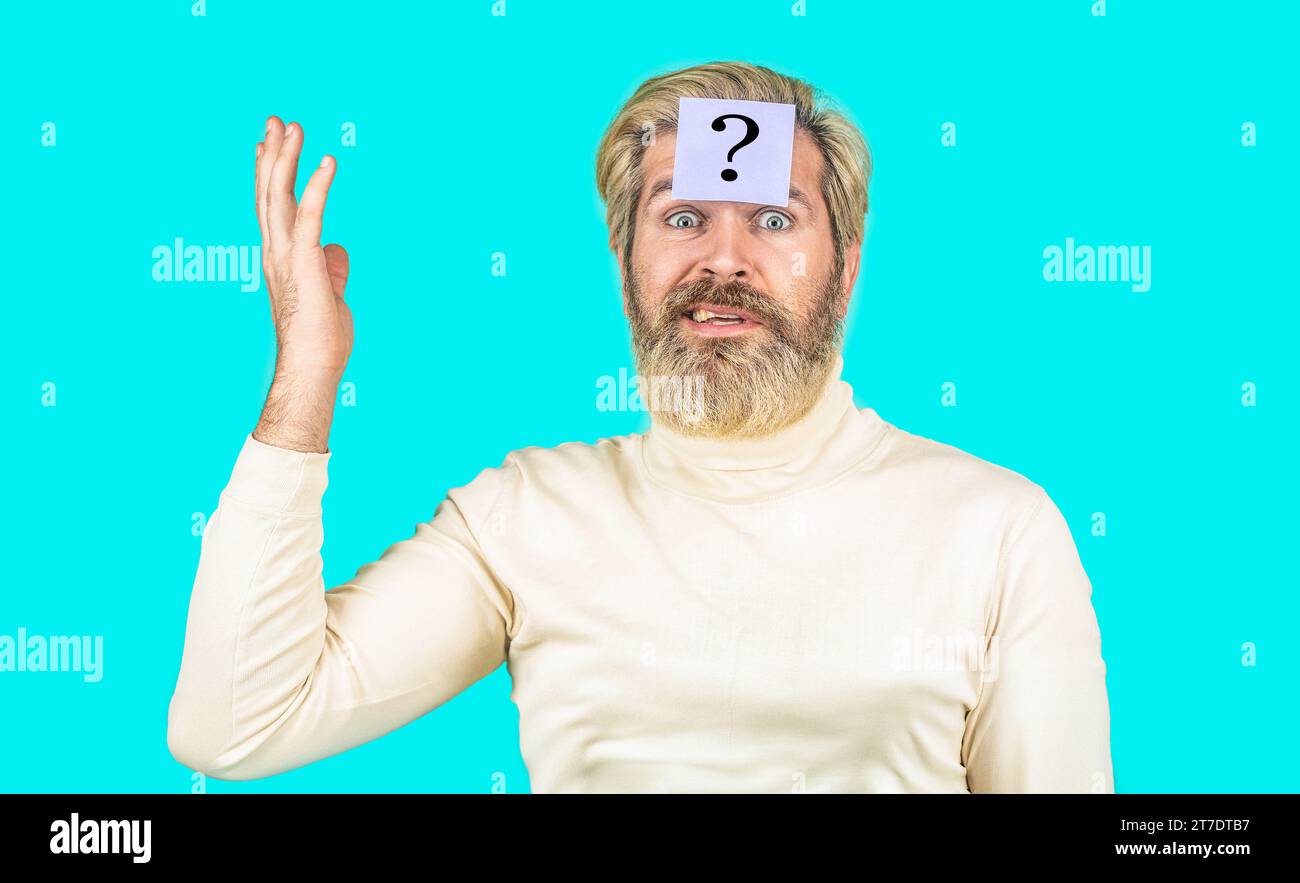 Paper notes with question marks. Beard man question mark in head ...