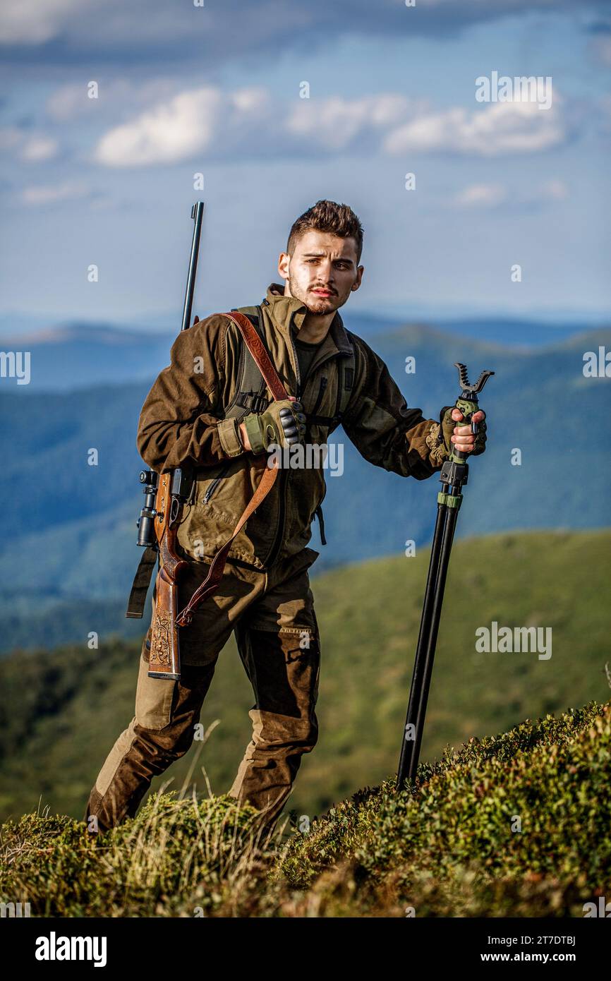 Hunter with hunting gun and hunting form to hunt. Prepare for hunting ...