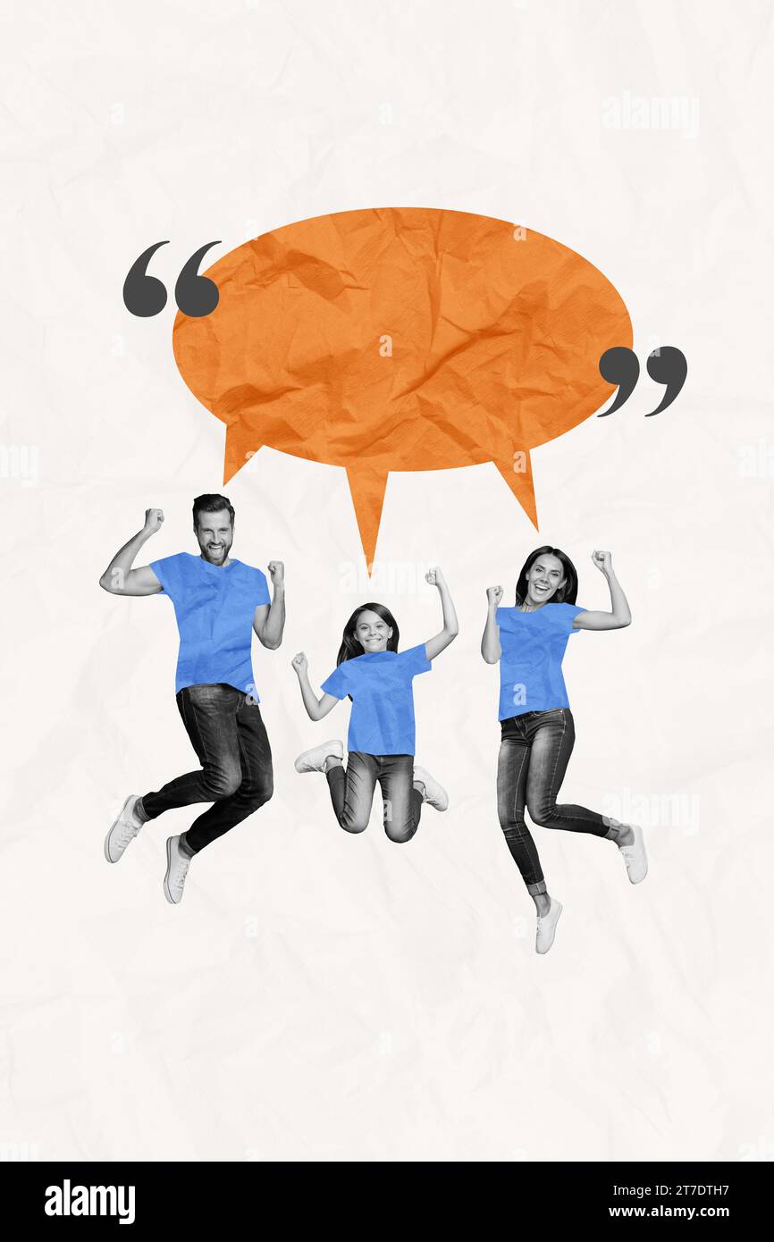 Vertical creative collage image of young family have fun jump speech ...