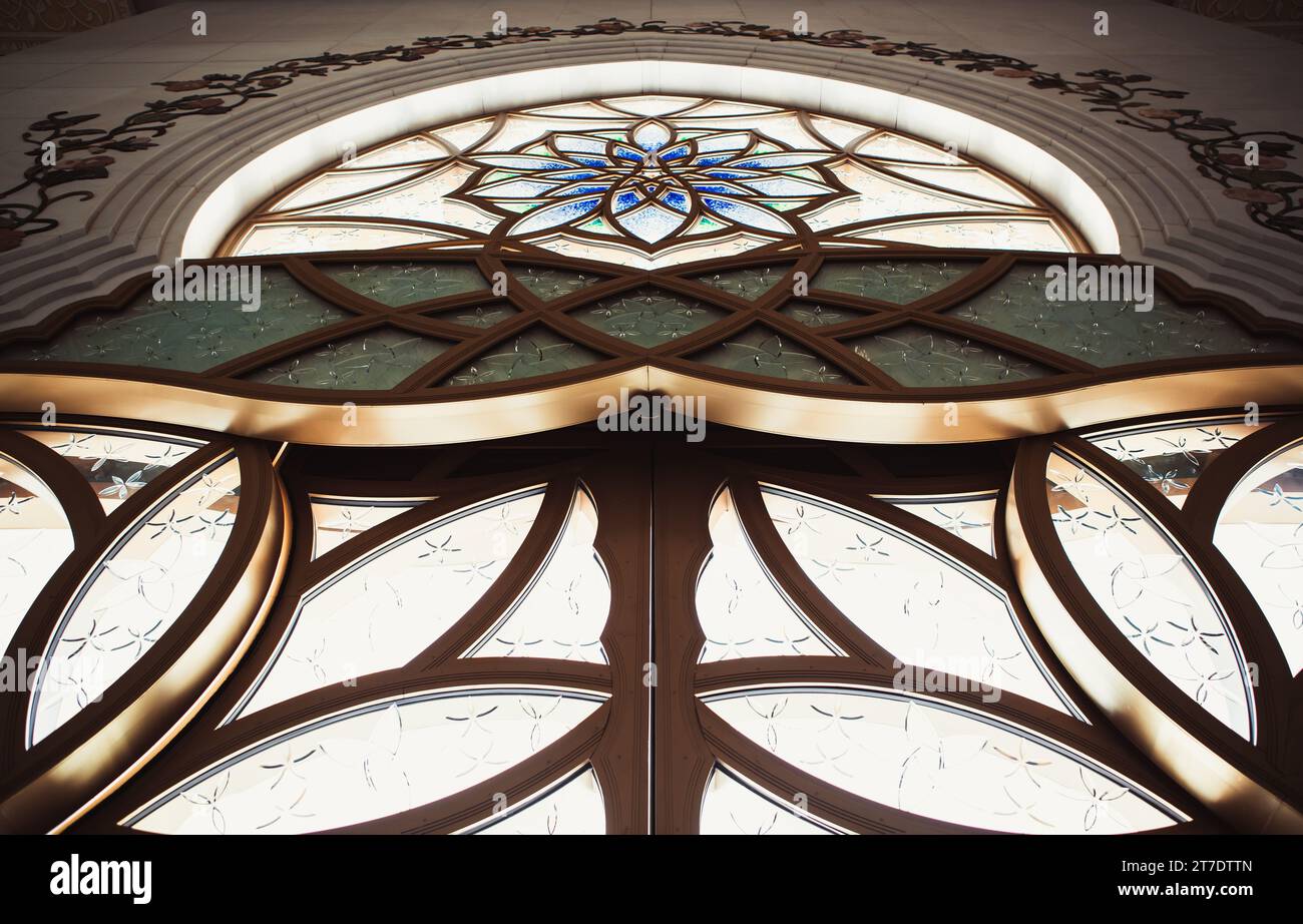 Stained glass windows at the entrance to praying hall of the Sheikh ...