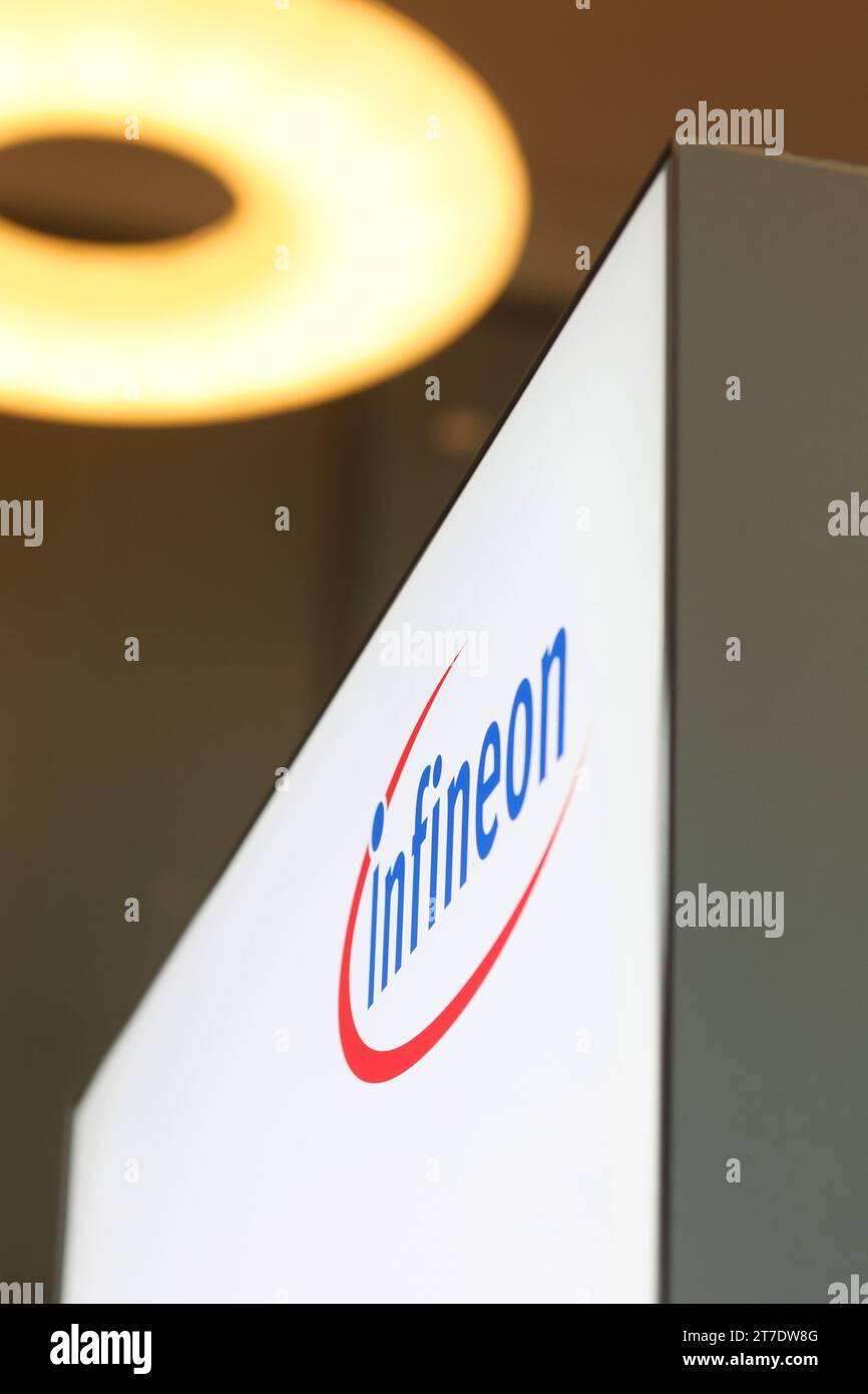 Munich, Germany. 15th Nov, 2023. The Infineon logo can be seen at the ...
