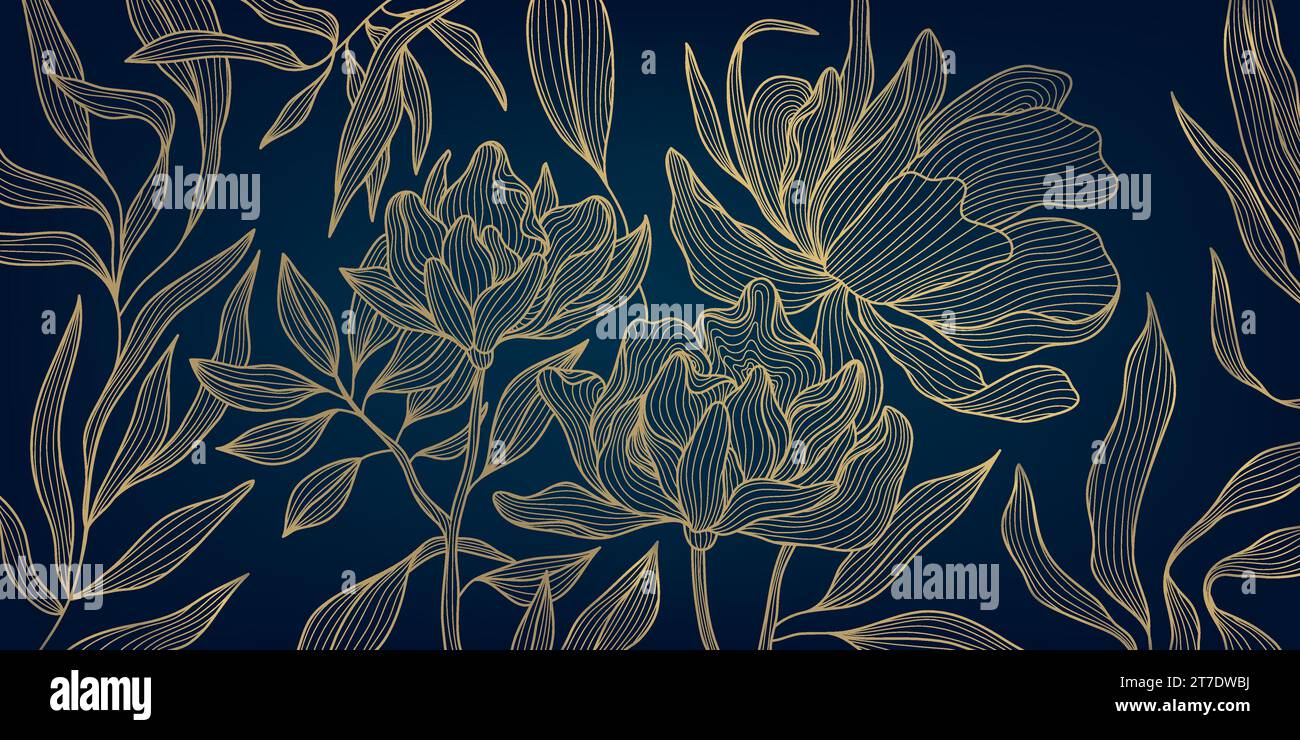 Vector art deco flower pattern background, gold line art, nature floral ...