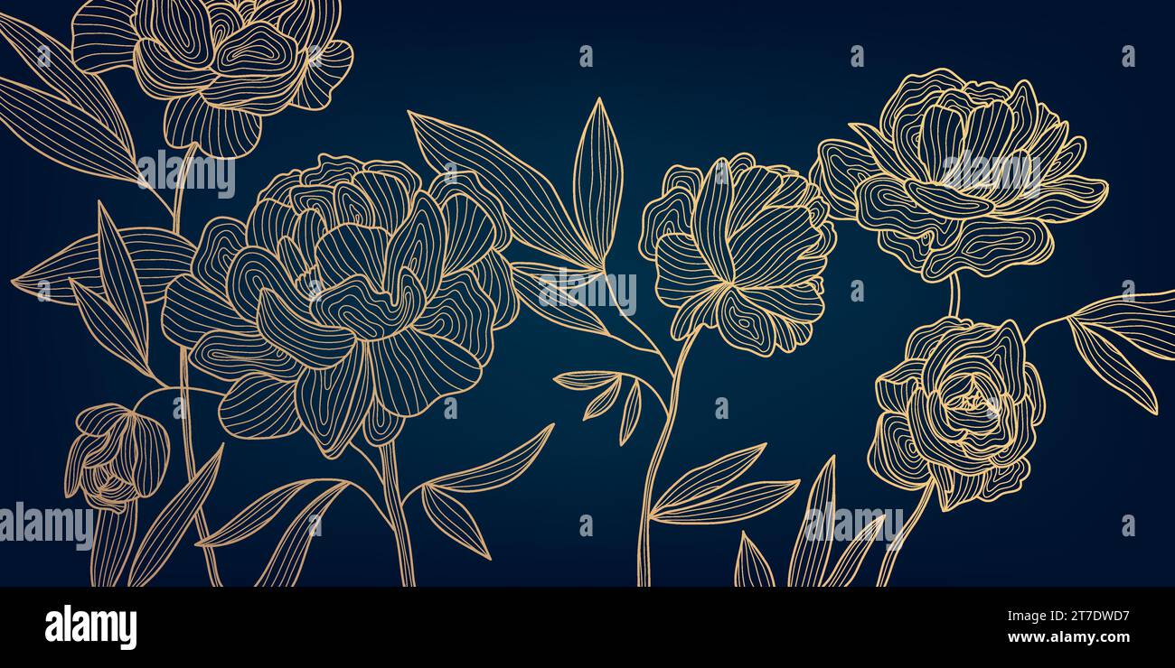 Vector art deco flower pattern background, gold line art, nature floral ...