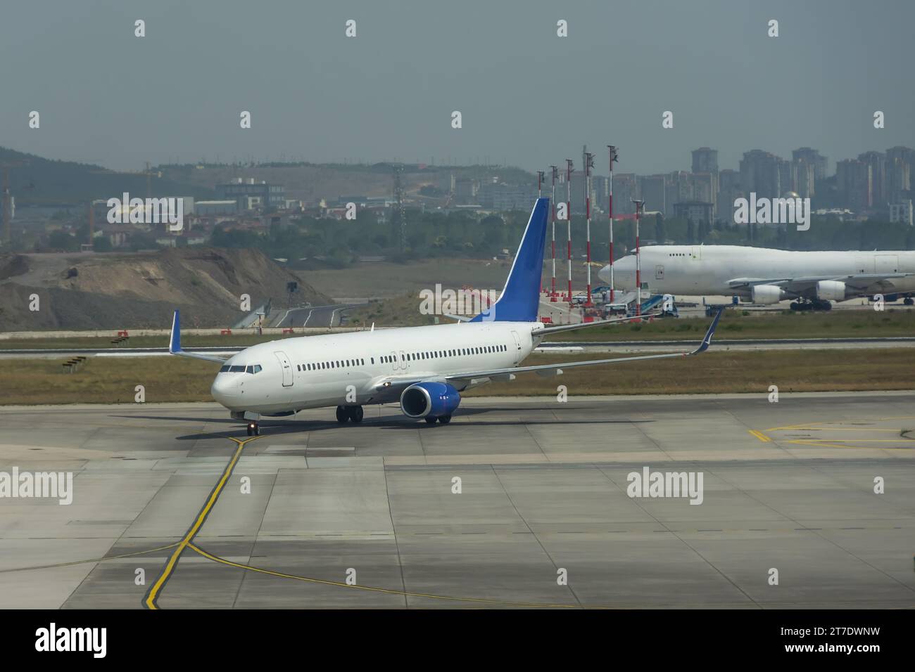 View of the airport air field platform, arrival for flight. In the ...
