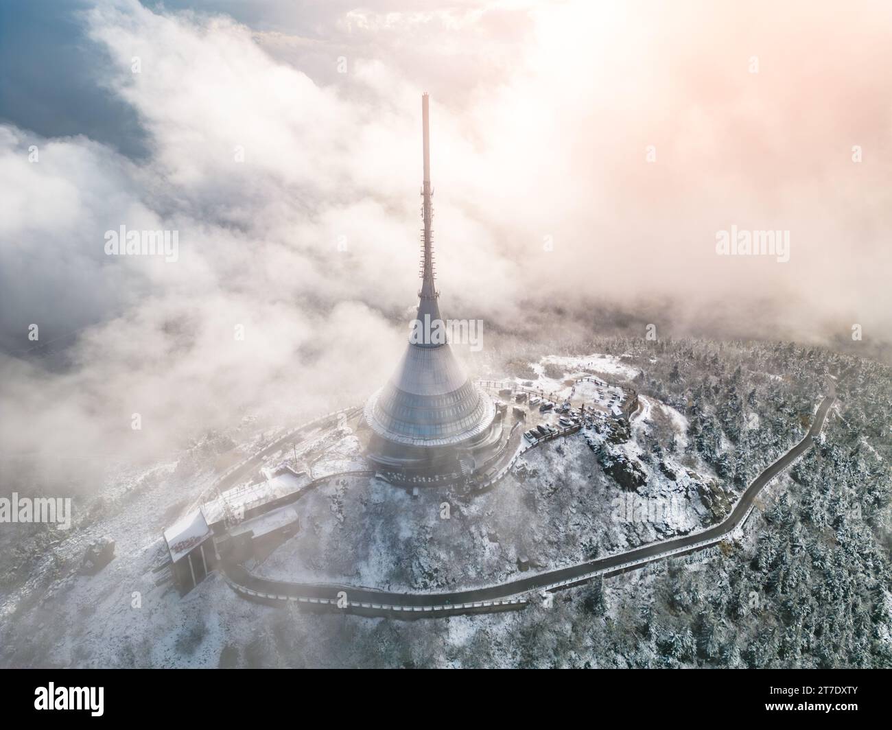 Jested mountain with modern hotel and TV transmitter on the top ...