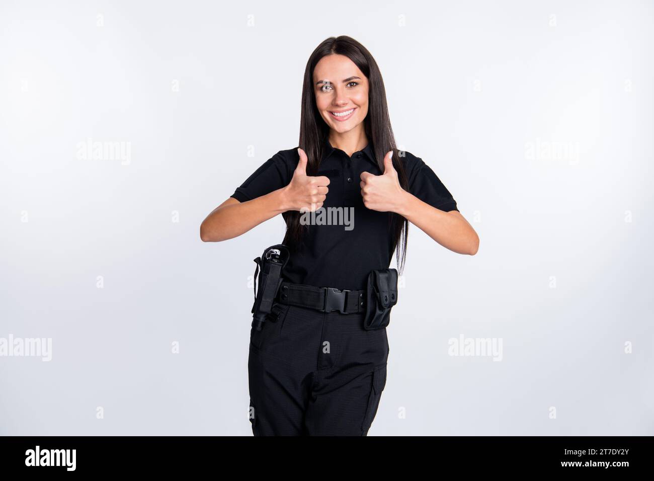 Photo of happy charming nice police lady make thumbs up good mood smile ...