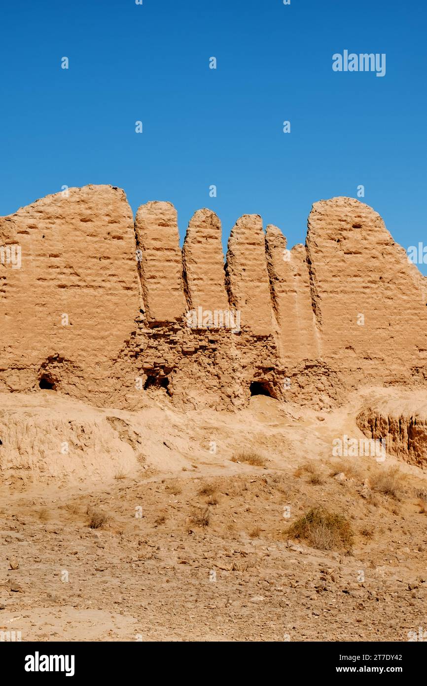 ancient clay fortress of Ayaz-Qala in the Kyzylkum desert in Uzbekistan ...