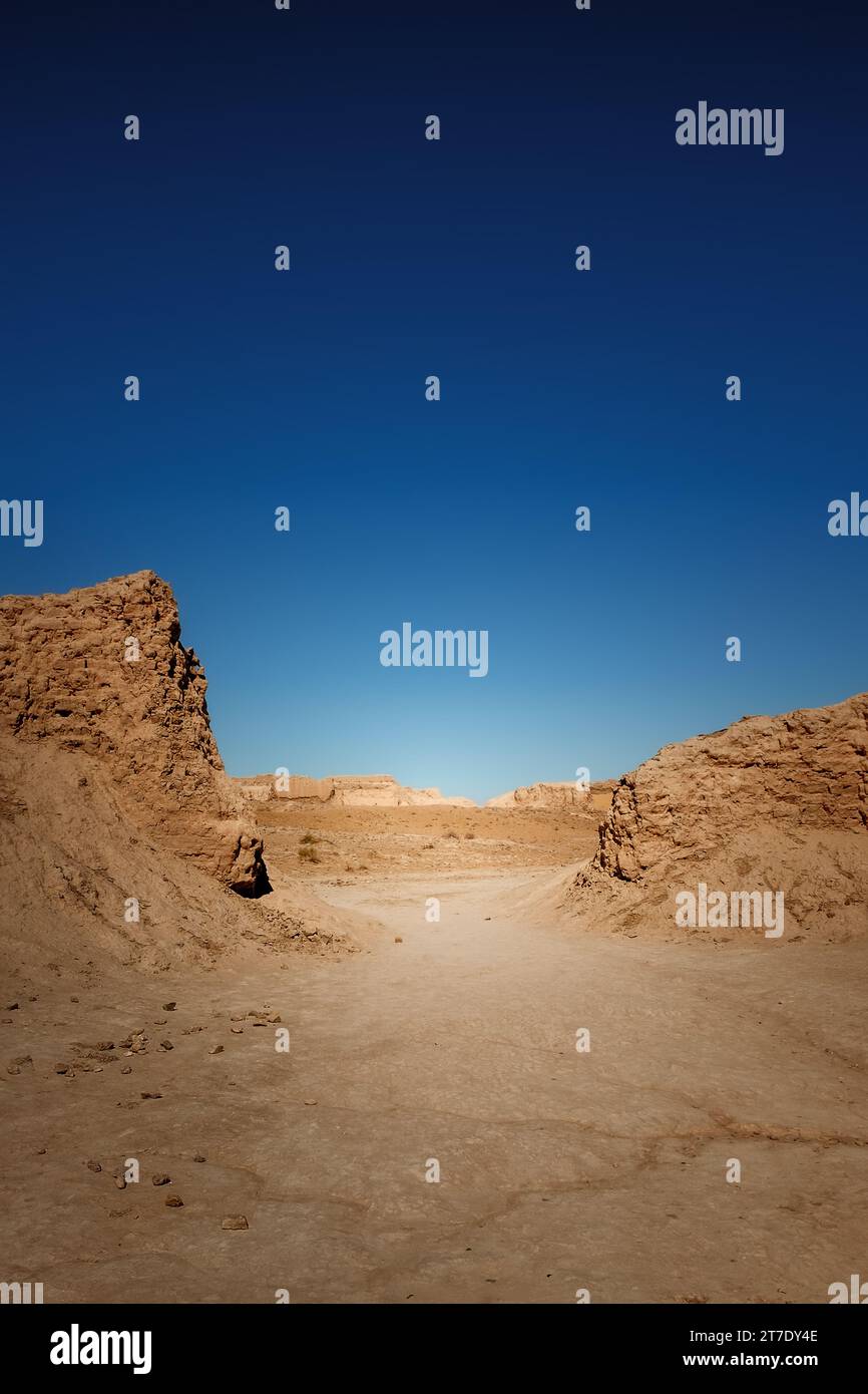 ancient clay fortress of Ayaz-Qala in the Kyzylkum desert in Uzbekistan ...