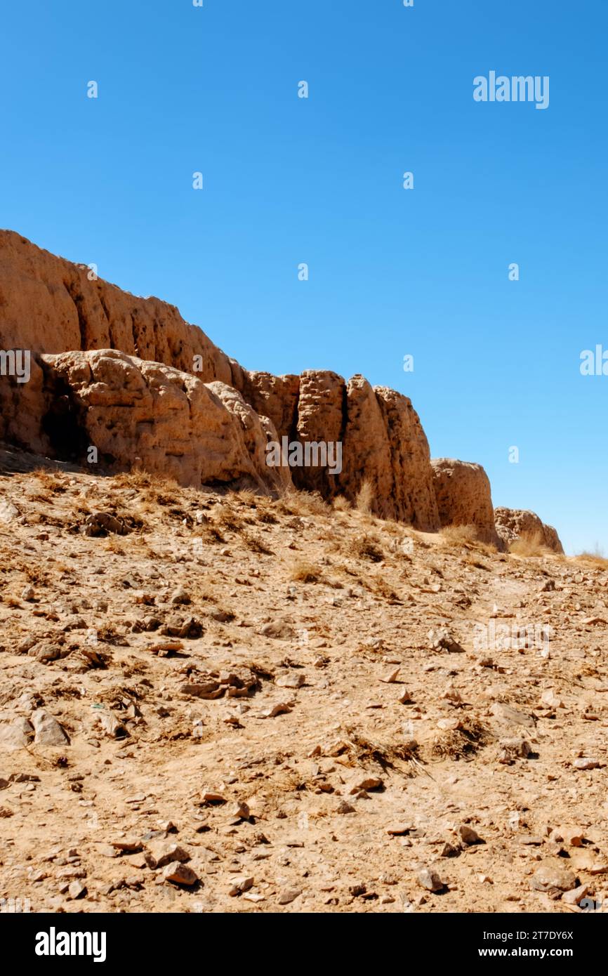ancient clay fortress of Ayaz-Qala in the Kyzylkum desert in Uzbekistan ...
