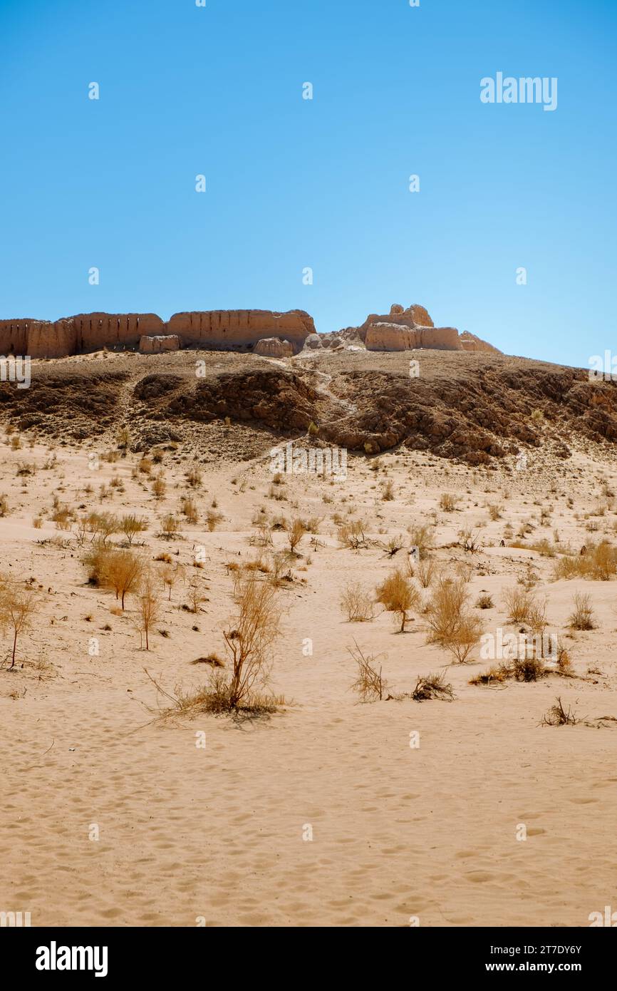 ancient clay fortress of Ayaz-Qala in the Kyzylkum desert in Uzbekistan ...