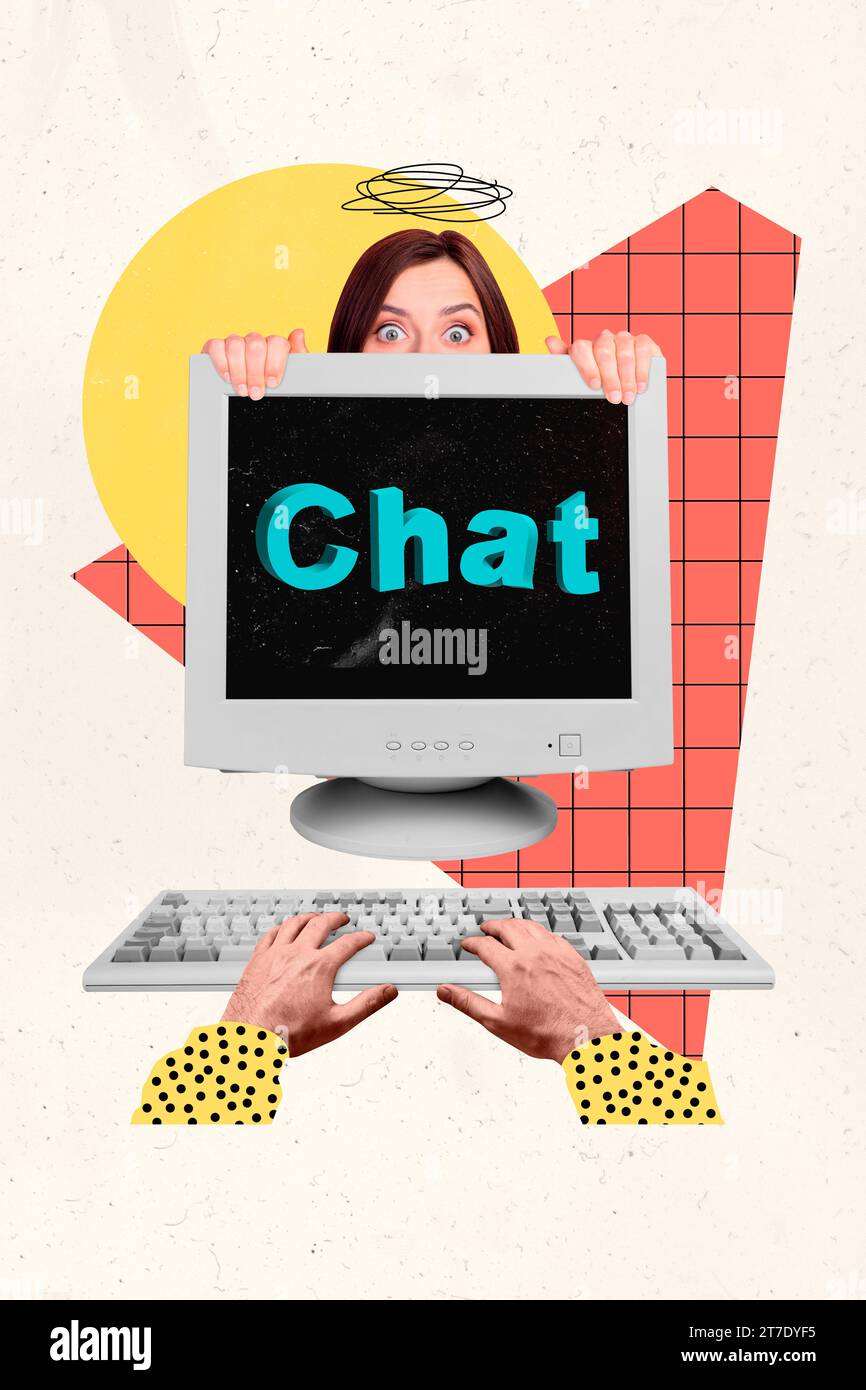 Vertical collage picture of girl hide behind old pc screen chat arms ...