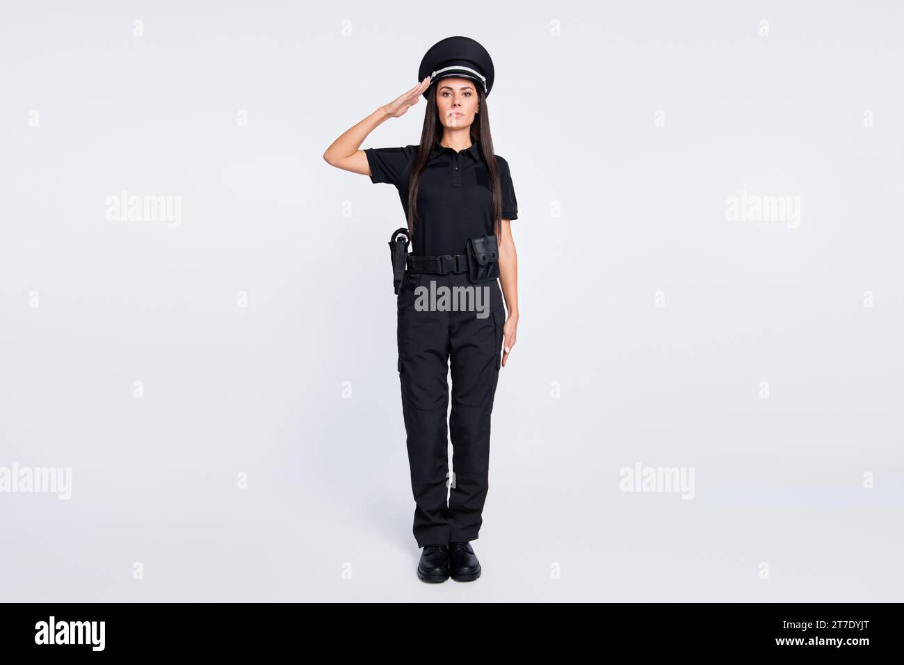 Photo of confident strong young police lady wear black uniform arm cap ...