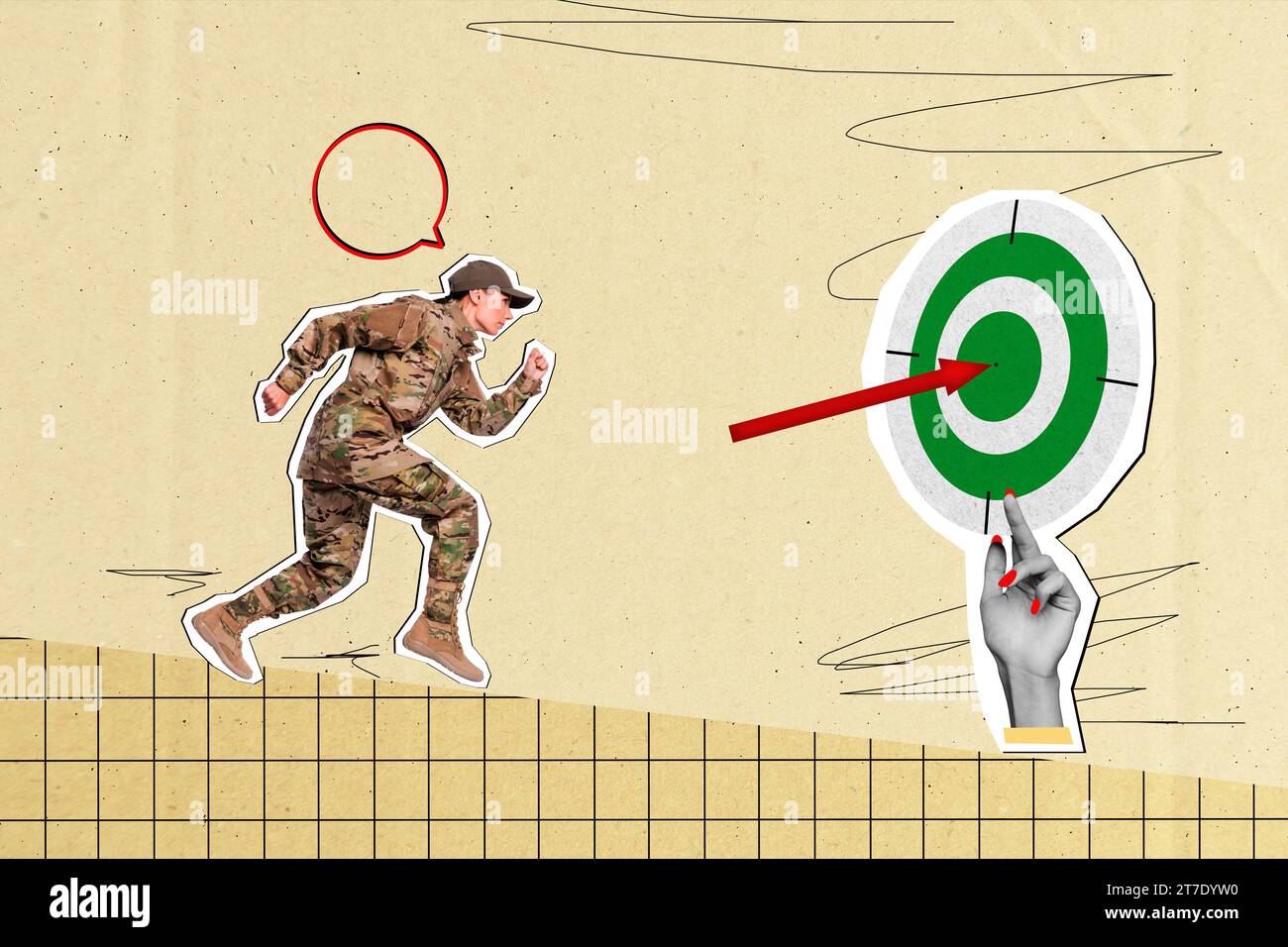 Collage picture image of strong purposeful woman soldier running ...