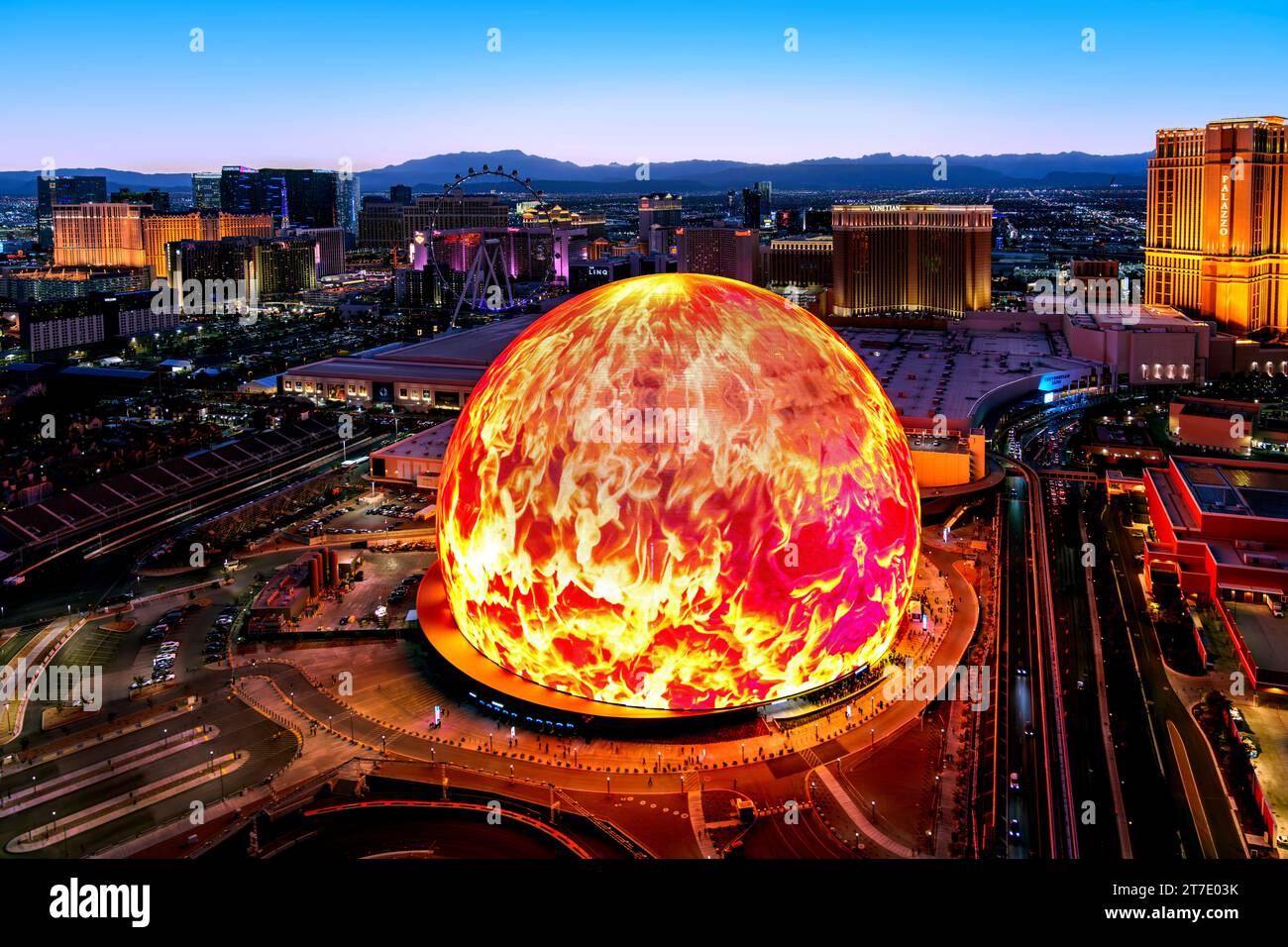 The Sphere, Exosphere is nightly used to display art and advertising Aerial View of Skyline ...
