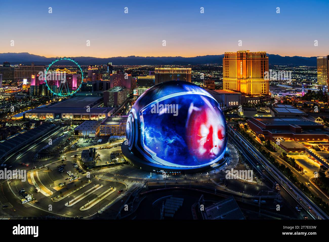 The Sphere, Exosphere is nightly used to display art and advertising Aerial View of Skyline ...
