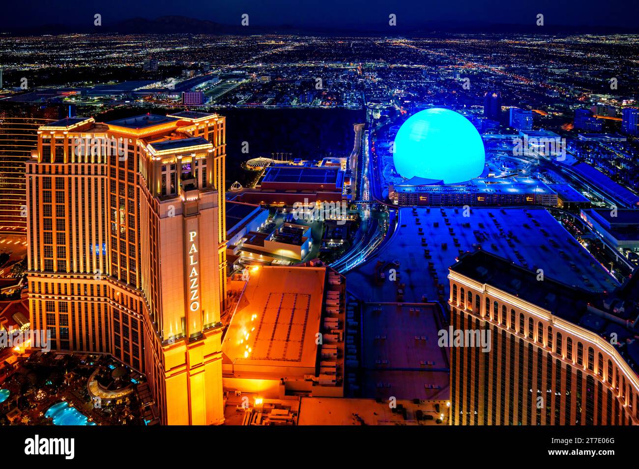 The Sphere, Exosphere is nightly used to display art and advertising Aerial View of Skyline ...