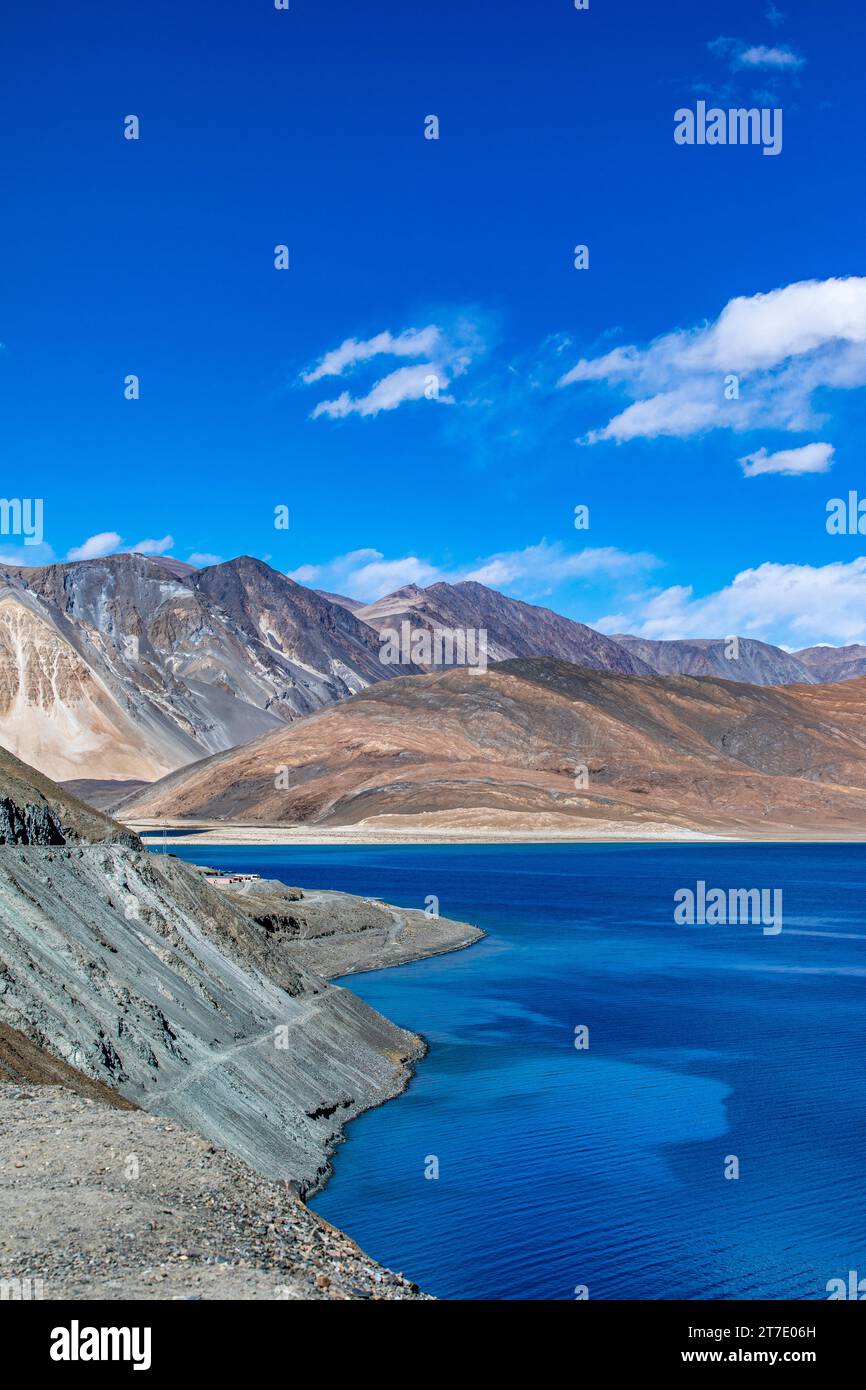 Landscape with mountains on the lake named Pagong Tso or Pagong Lake ...