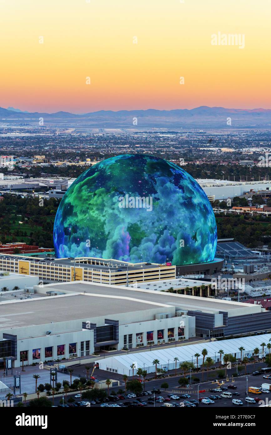 The Sphere, Exosphere is nightly used to display art and advertising Aerial View of Skyline ...
