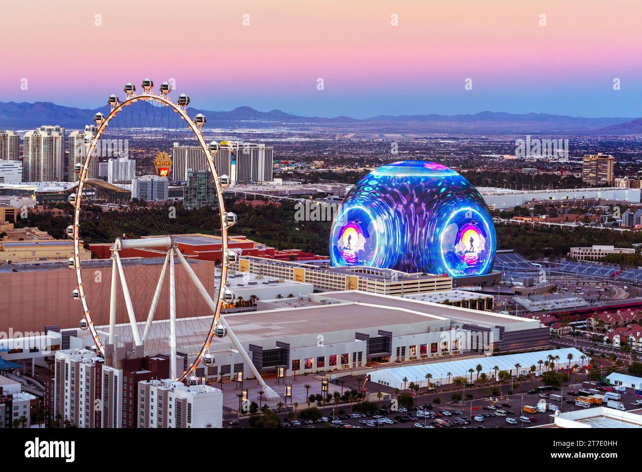 The Sphere, Exosphere is nightly used to display art and advertising Aerial View of Skyline ...