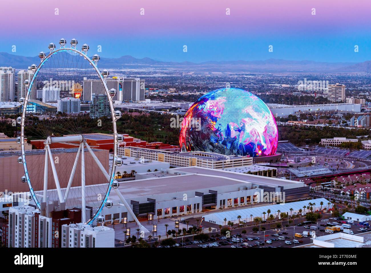 The Sphere, Exosphere is nightly used to display art and advertising Aerial View of Skyline ...