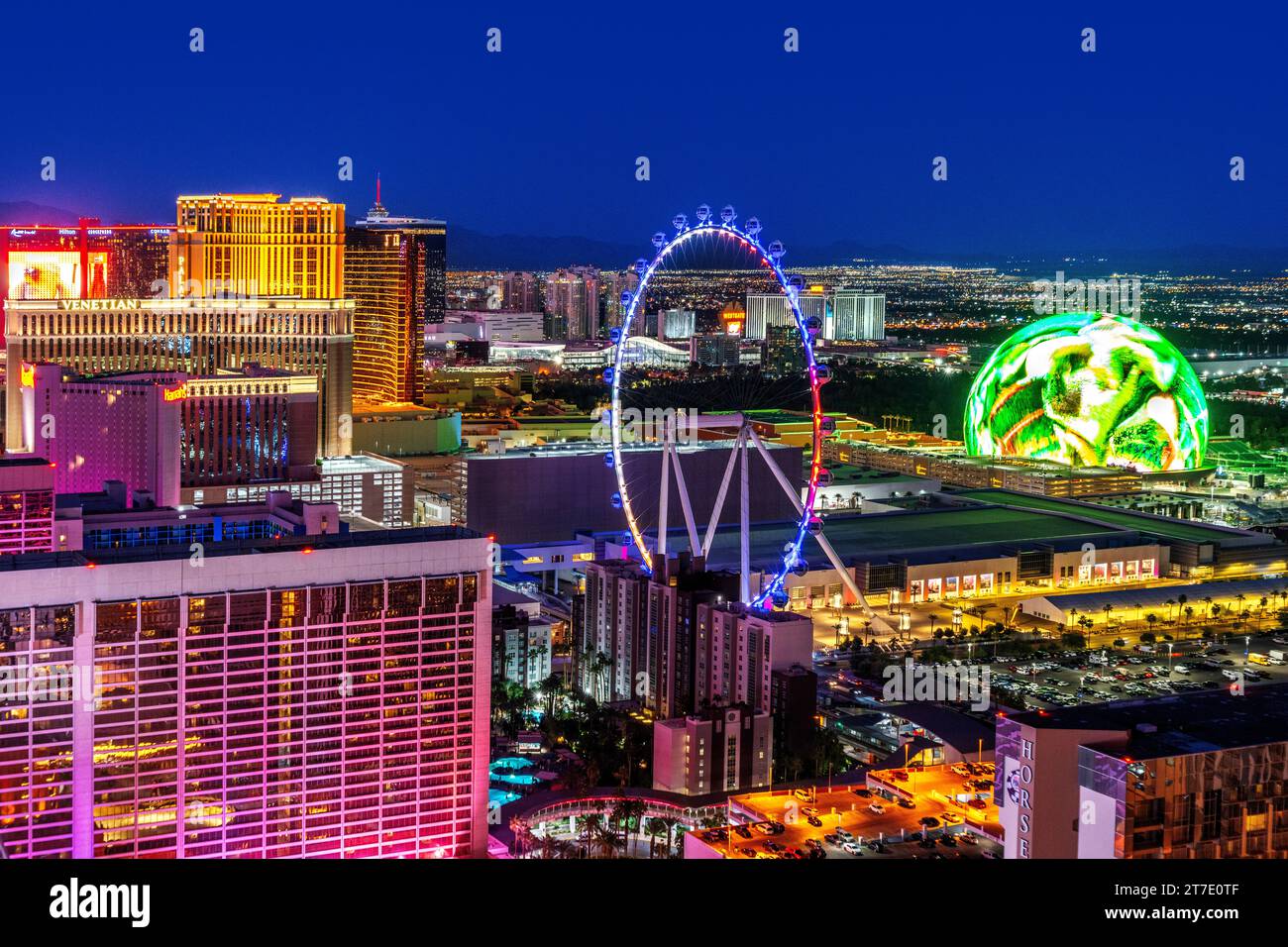 The Sphere, Exosphere is nightly used to display art and advertising Aerial View of Skyline ...