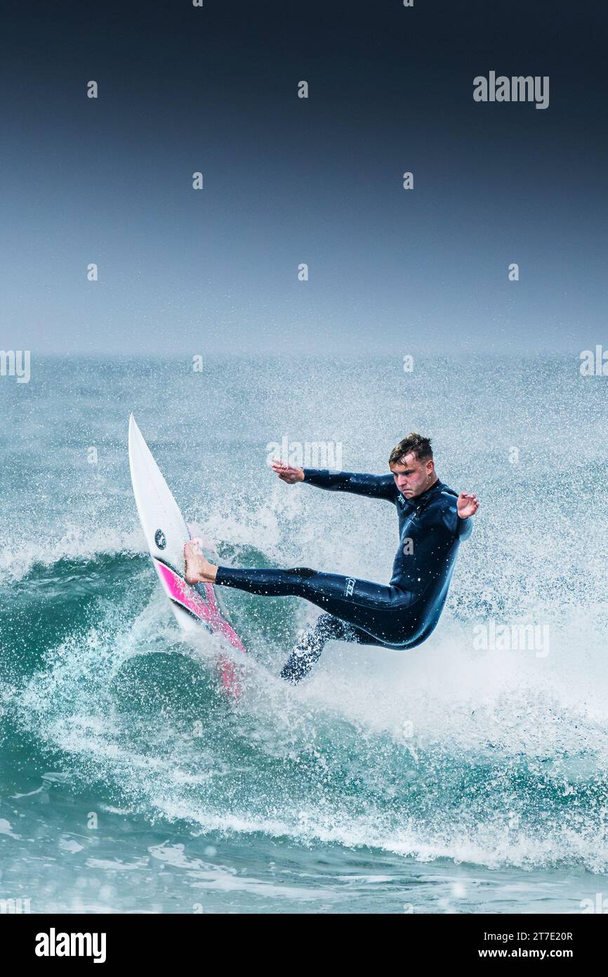 Spectacular surfing action at Fistral in Newquay in Cornwall in the UK ...