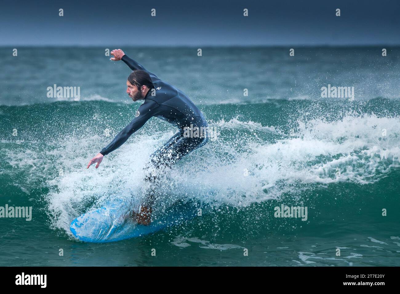 Spectacular surfing action at Fistral in Newquay in Cornwall in the UK ...