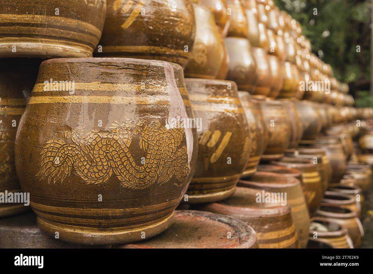 A collection of vintage Chinese jugs with various patterns Stock Photo ...
