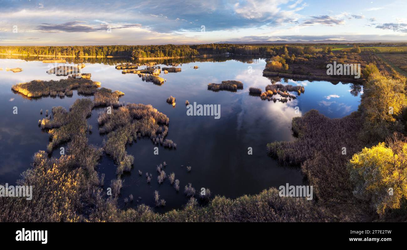 Aerial panoramic sunset sunrise scene at swamps and wetlands, Lake bog ...