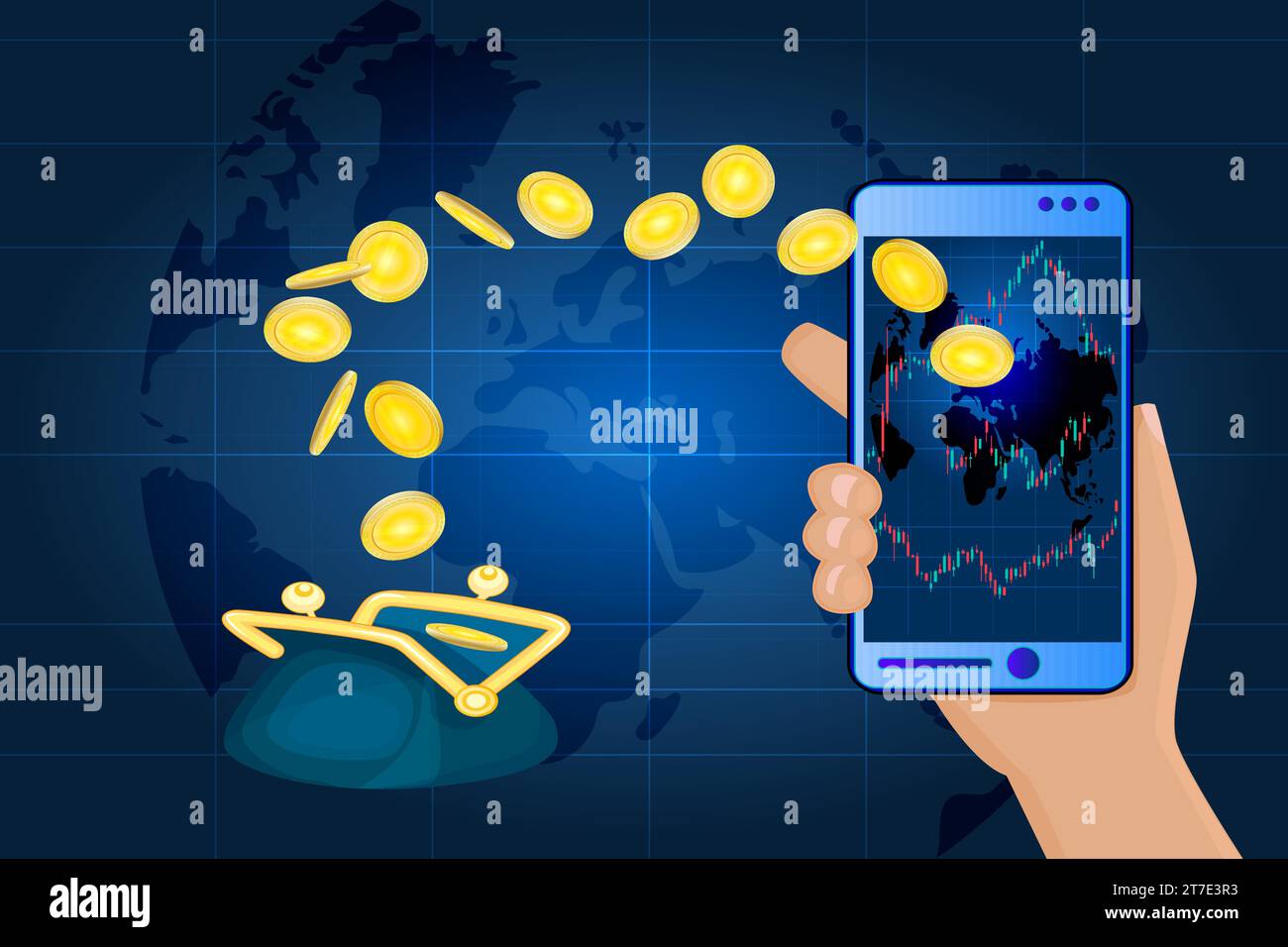 Stock investment trading. World map background, hand with phone, candle ...