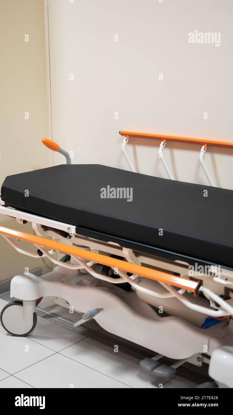 Close up view of Hospital bed or stretcher with background of corridor ...