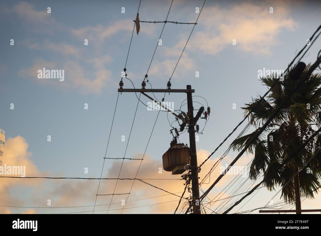 Electricity transmission poles against the dramatic late afternoon sky ...