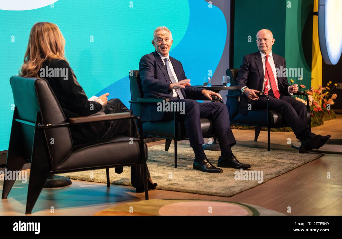 Tony Blair (centre) and William Hague speaking at the Shaping Us ...