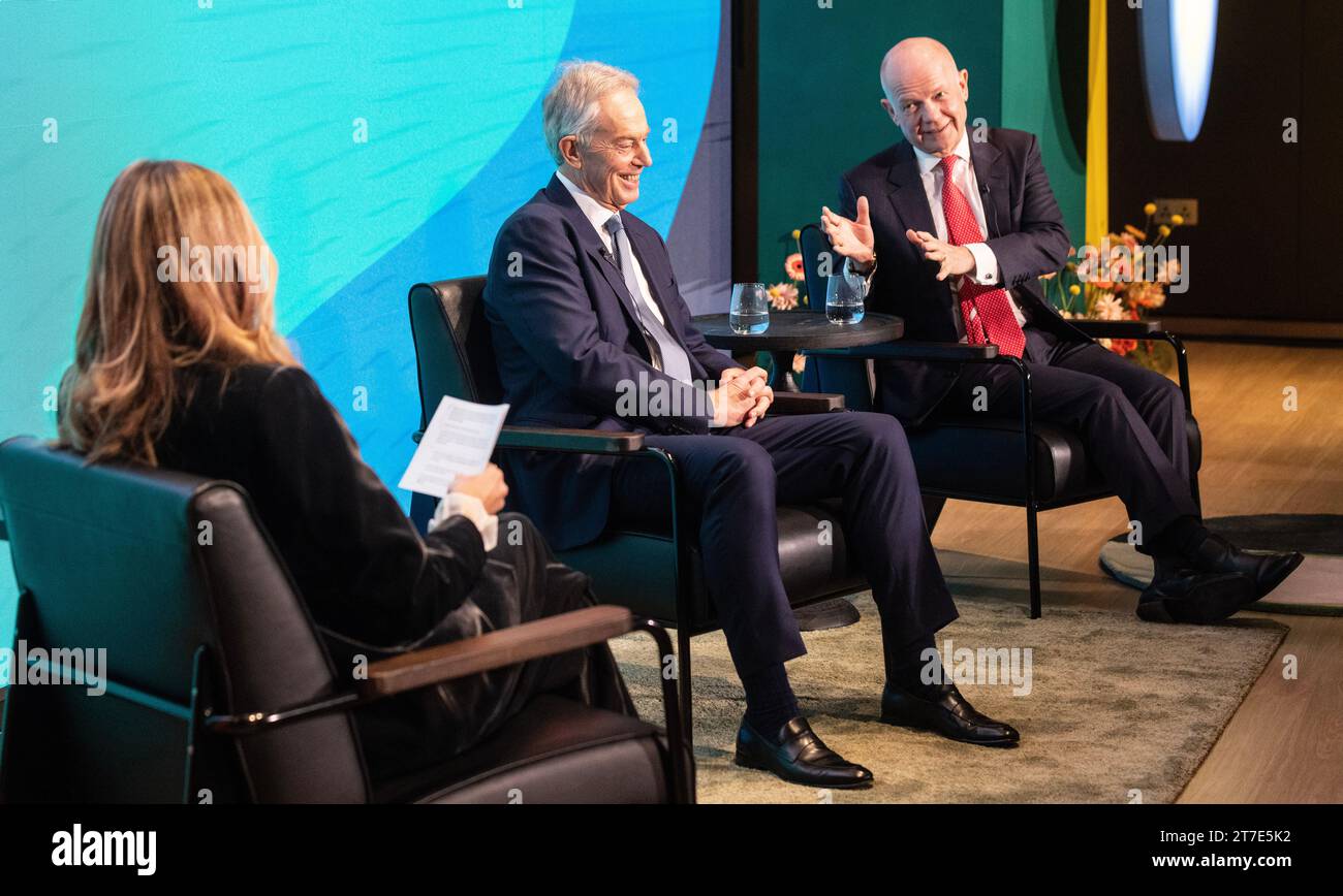 Tony Blair (centre) and William Hague speaking at the Shaping Us ...