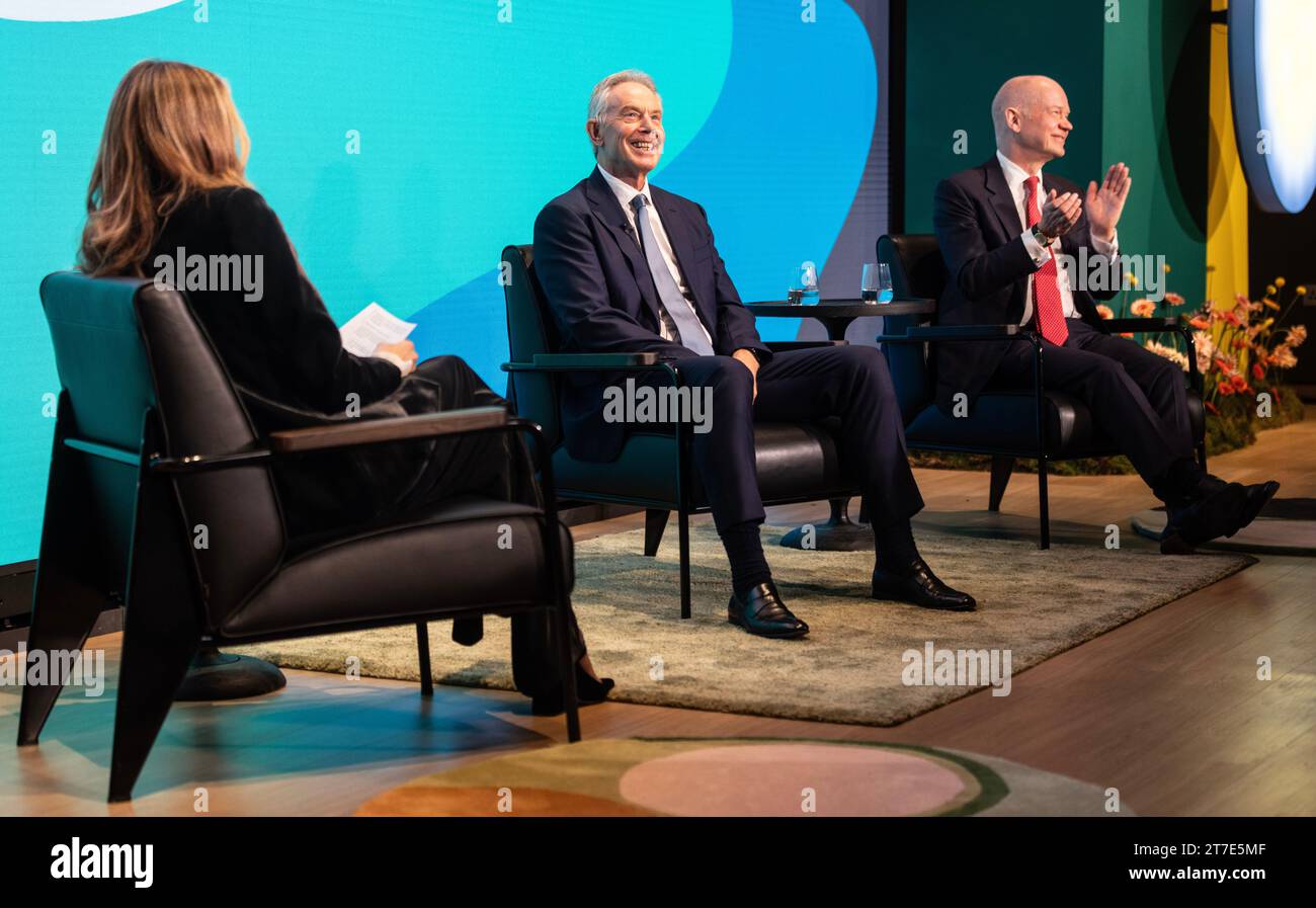 Tony Blair (centre) and William Hague speaking at the Shaping Us ...