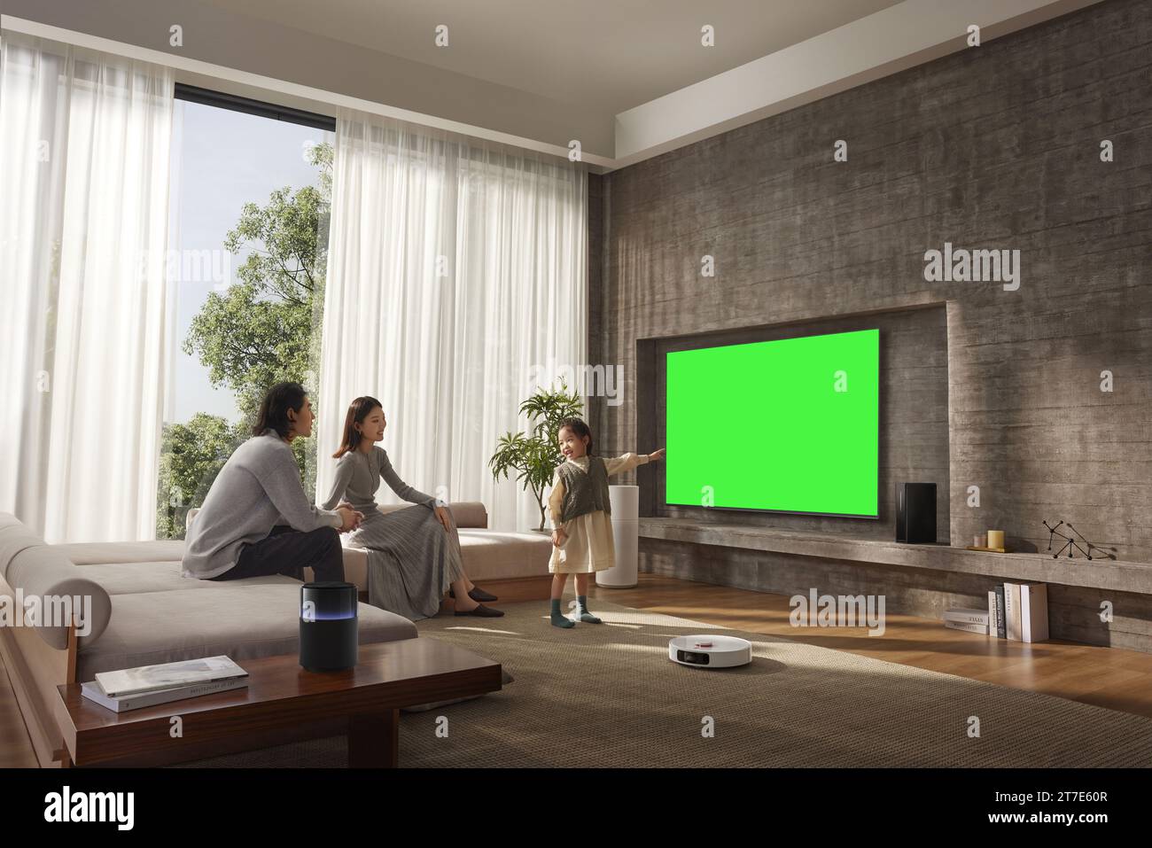 People are watching and enjoying next to the TV, monitor with green ...