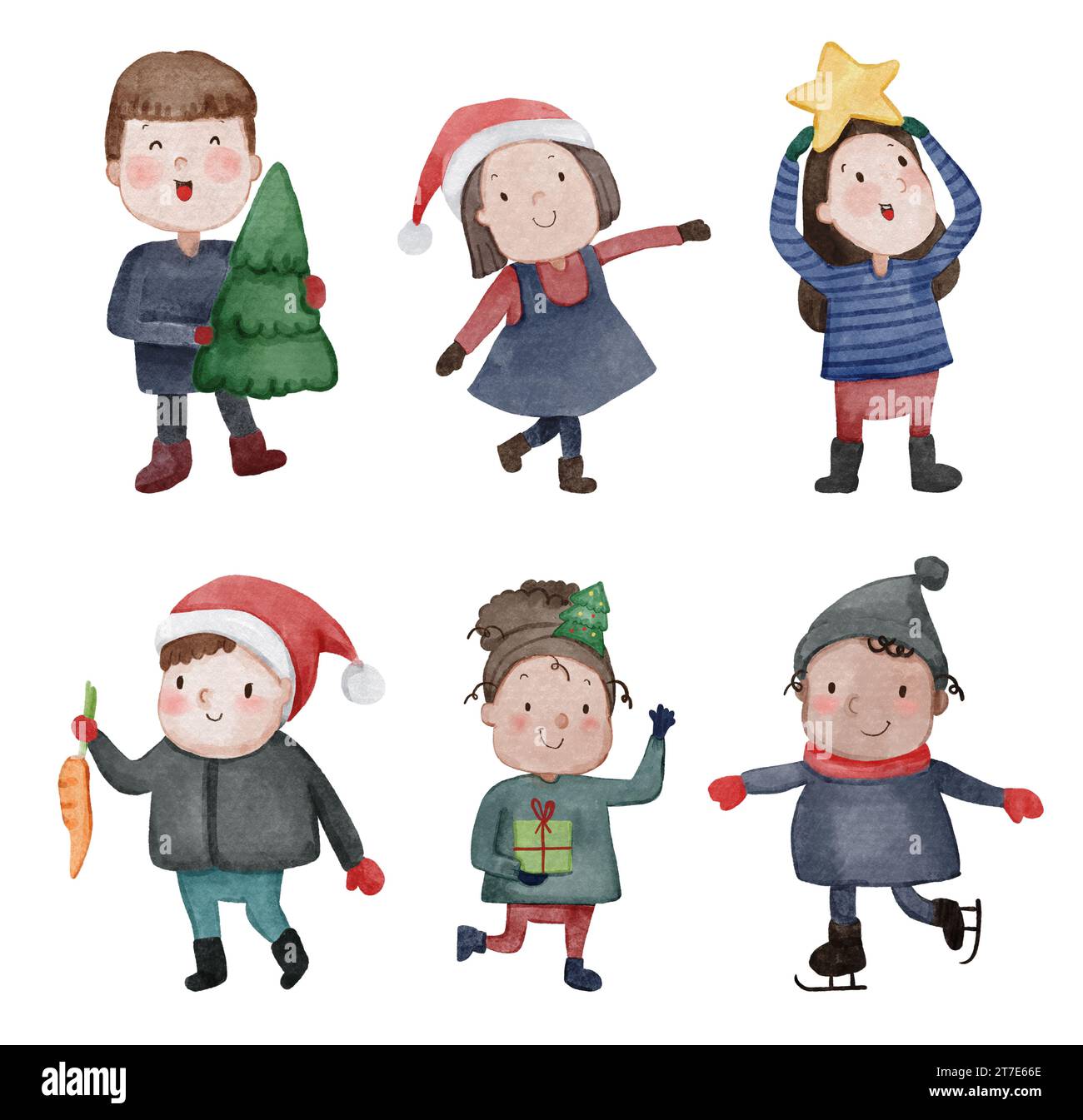 Children with christmas costume . Watercolor paint cartoon characters ...
