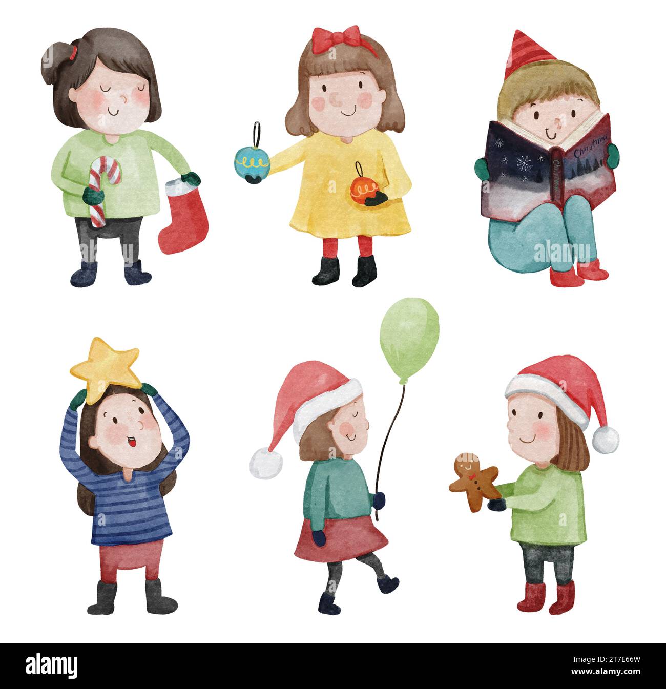 Children with christmas costume . Watercolor paint cartoon characters ...