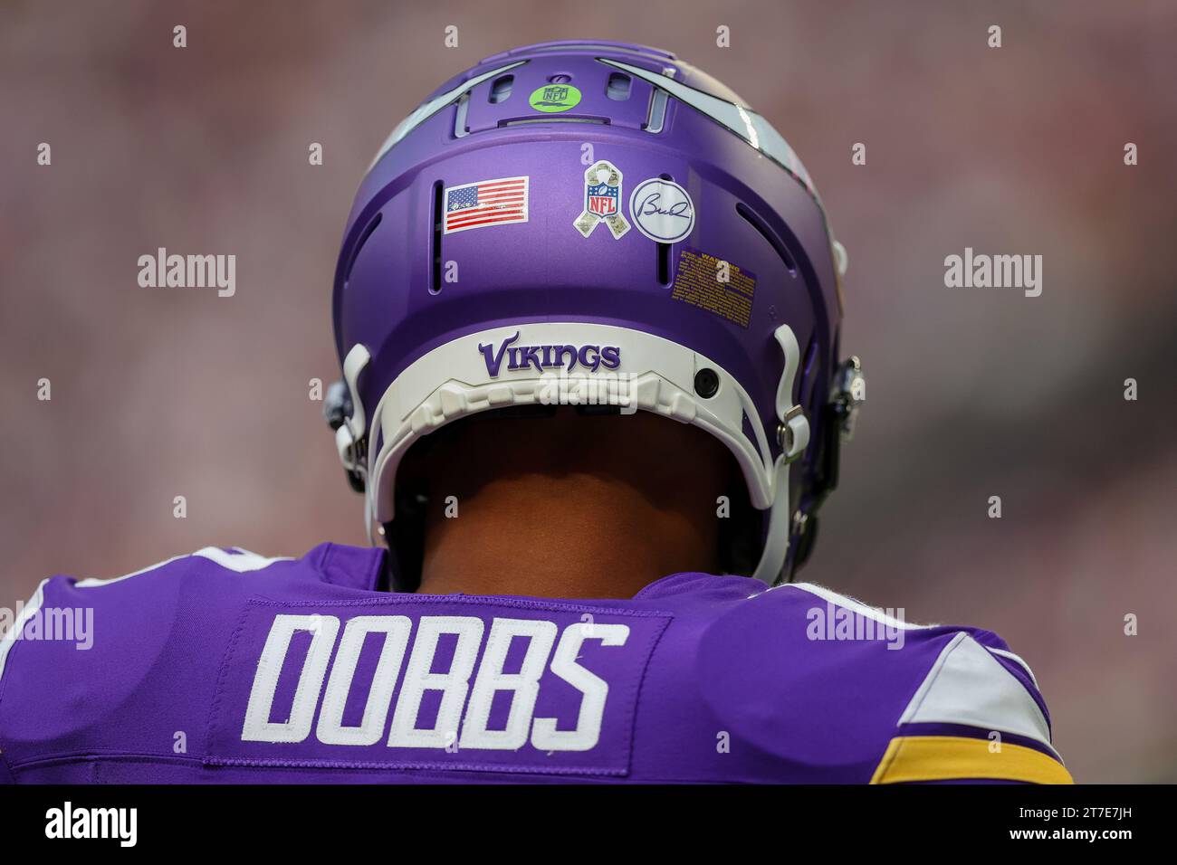 A Salute to Service sticker is seen on the helmet of Minnesota Vikings ...