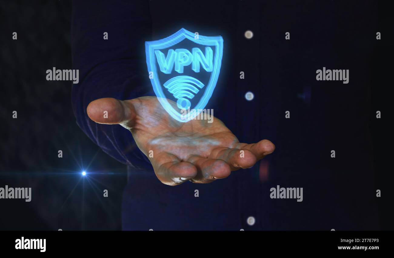Vpn Virtual Private Network Communication 3d Symbol Over Man Hand
