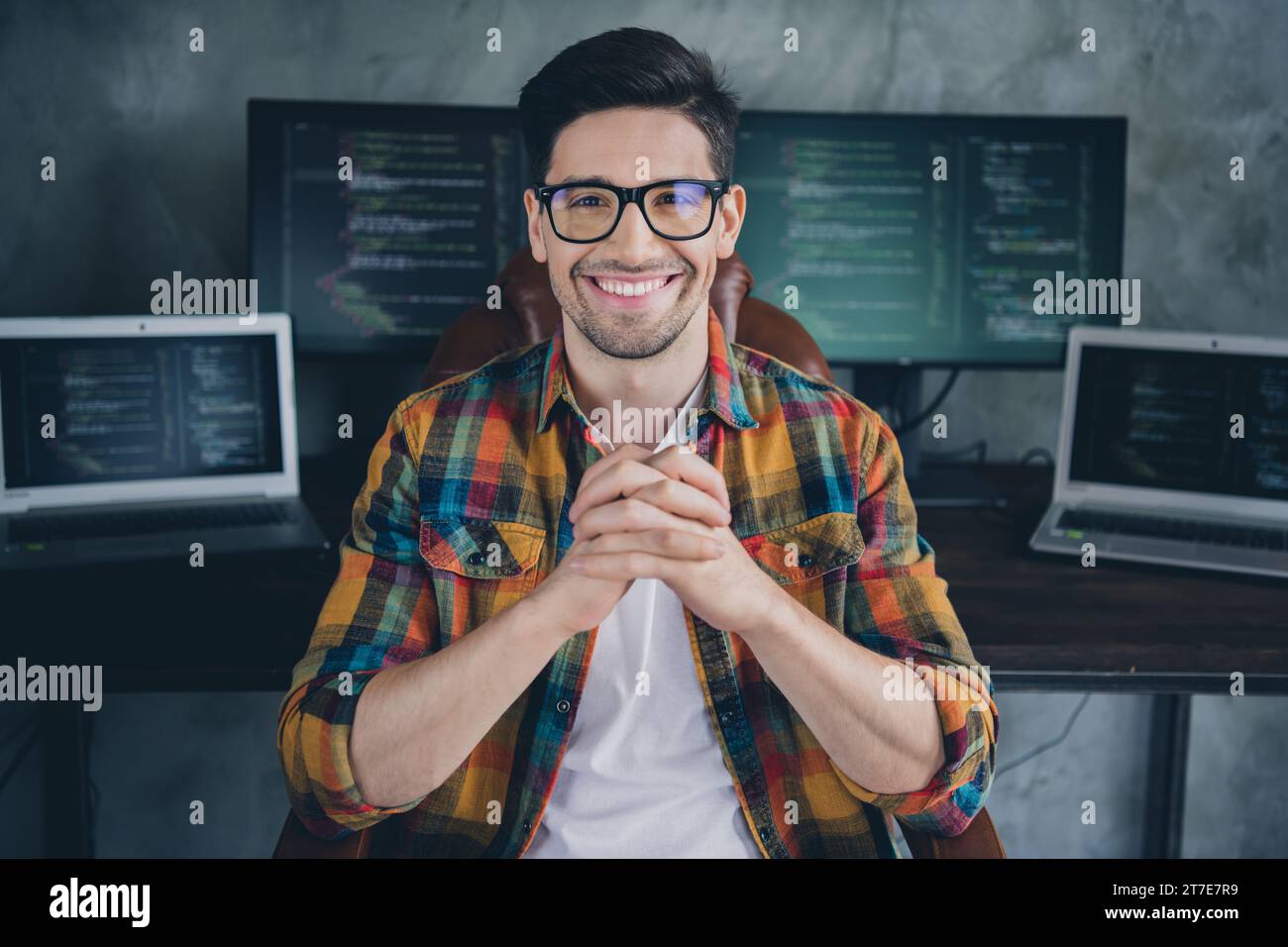 Photo of happy successful cyber security expert sit chair database ...