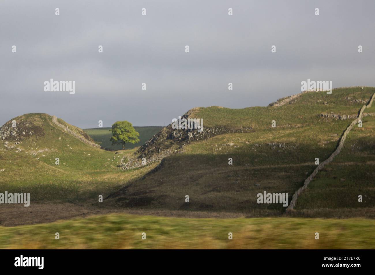View over the hilly English countryside in Northumberland with Hadrian ...