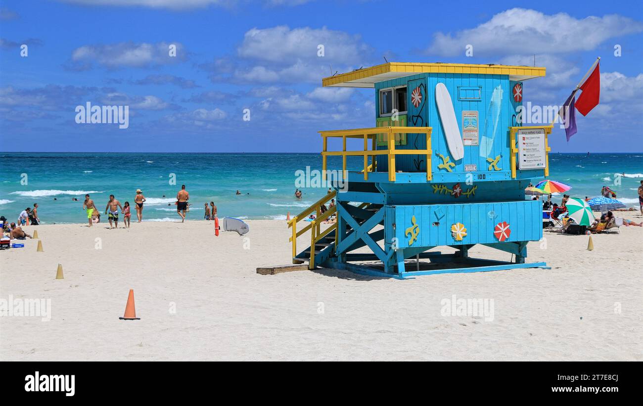 Miami, Florida, United States. A colorful tower of lifeguards in South ...
