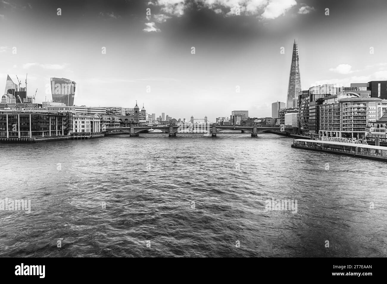 Scenic view over the river Thames and the city skyline, London, England ...