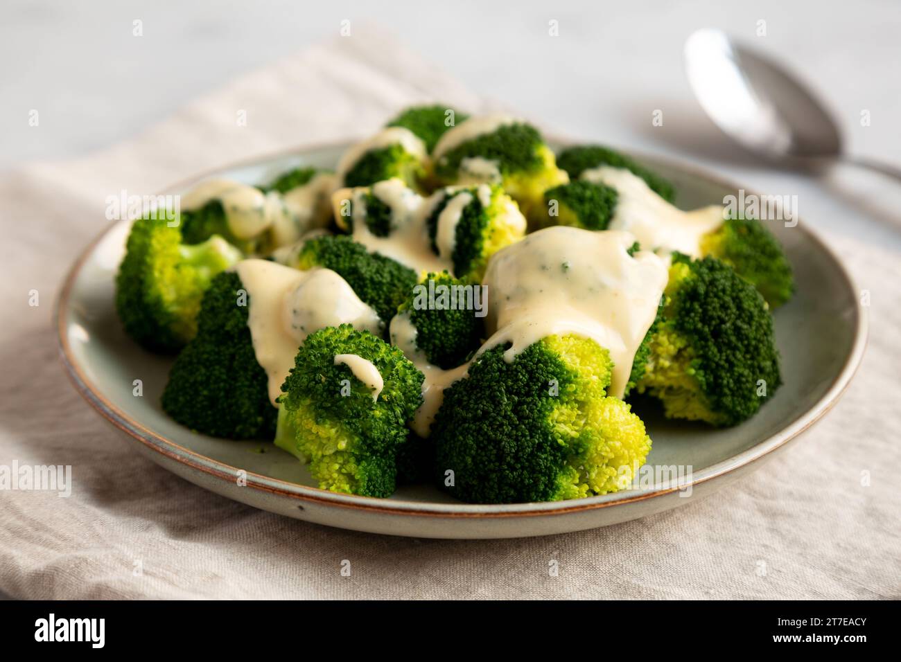Yummy Cheesy Steamed Broccoli on a Plate, side view. Close-up Stock ...