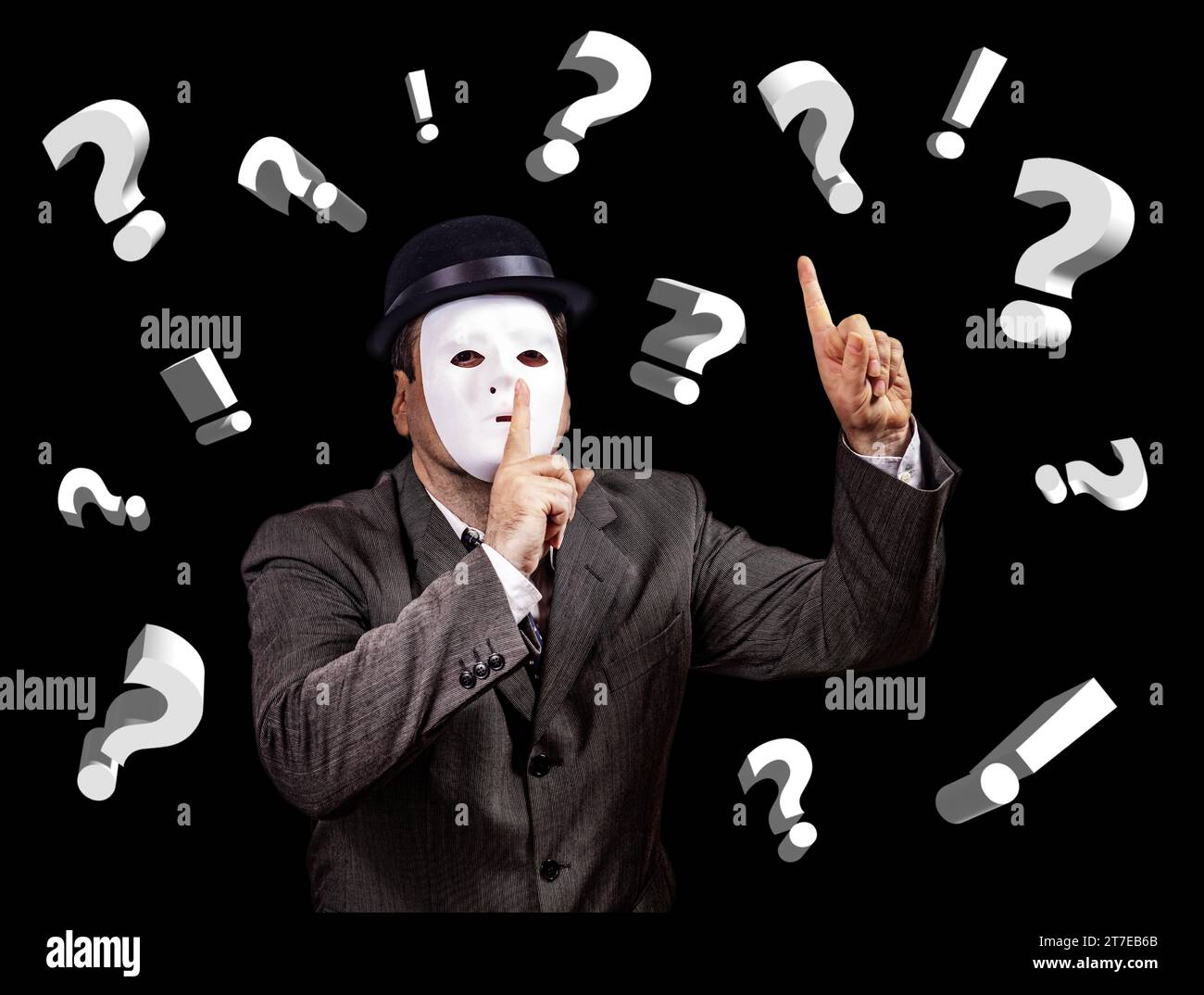 A man in a mask shows a gesture for silence on a background with ...