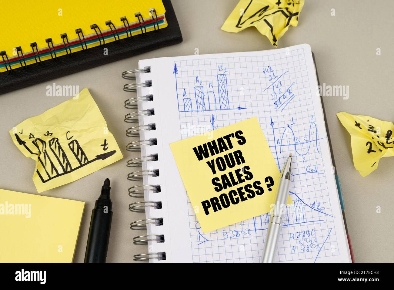 Business concept. On the table there is a notepad with notes and sticky ...