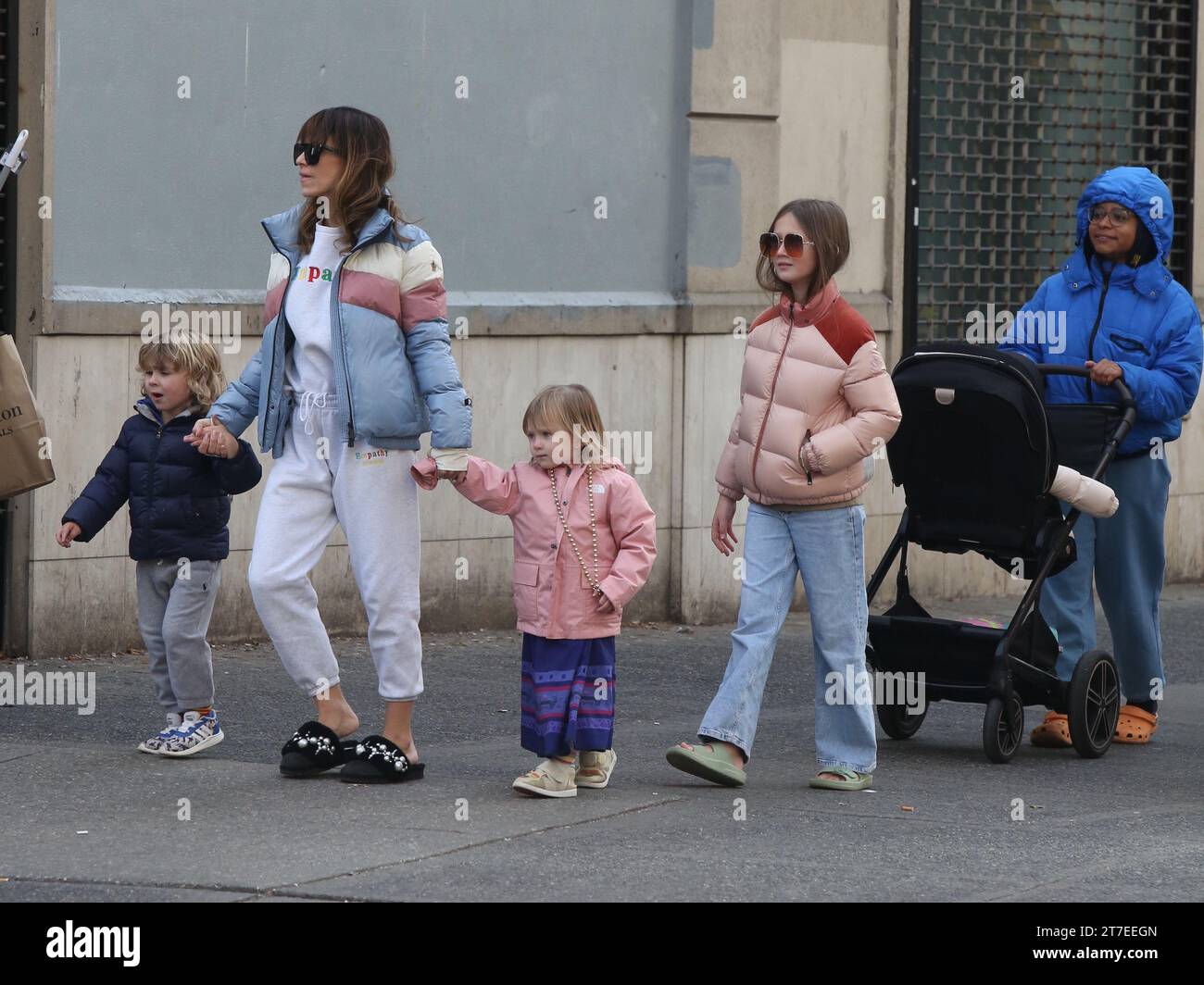 Hilaria Baldwin (wearing an "Empathy always' sweatshirt) out with 4 of ...